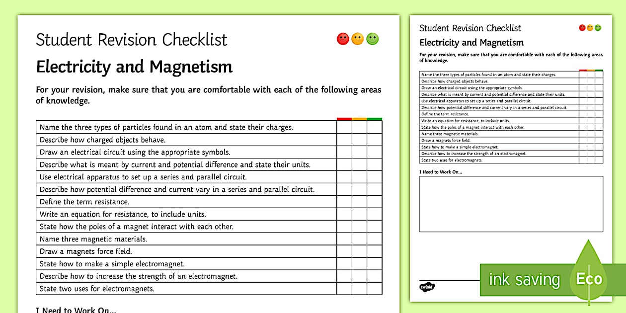 Electricity and Magnetism Student Revision Checklist
