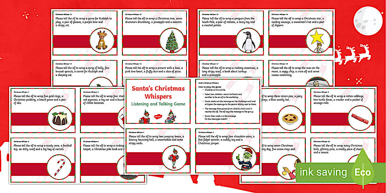 Editable Santa's Christmas Whispers Game Challenge Cards
