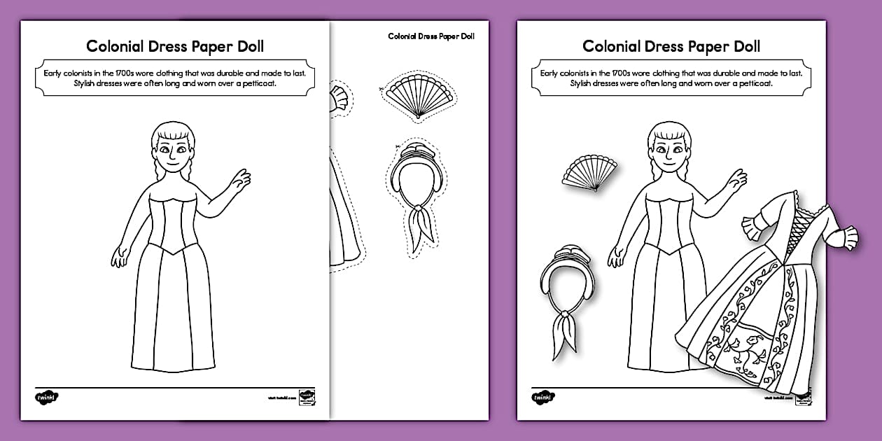 Colonial Paper Doll Cut and Paste Worksheet | Twinkl USA