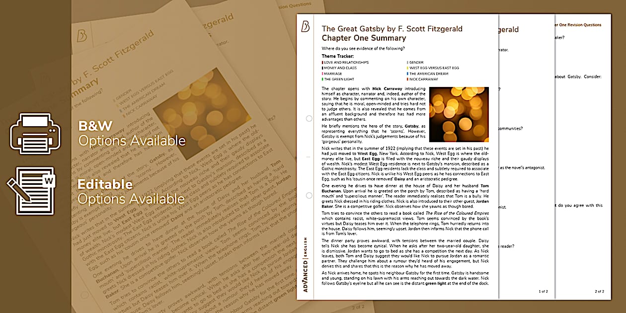The Great Gatsby Revision: Chapter One Summary - Twinkl