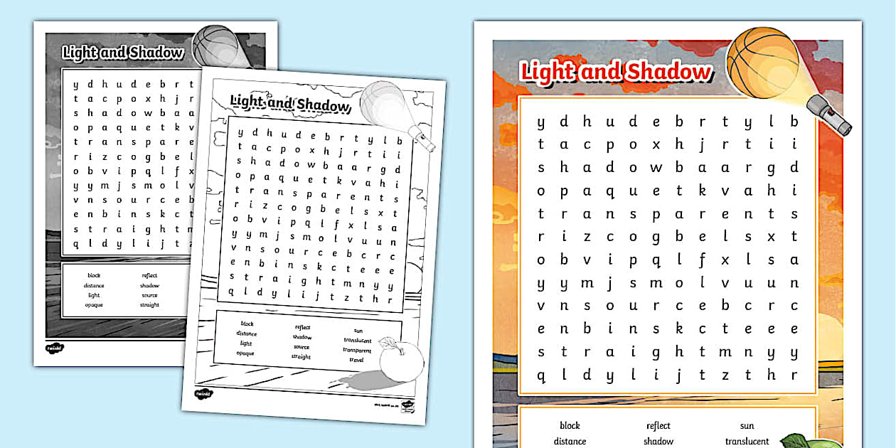 Light and Shadow Word Search - Twinkl South Africa - Twinkl