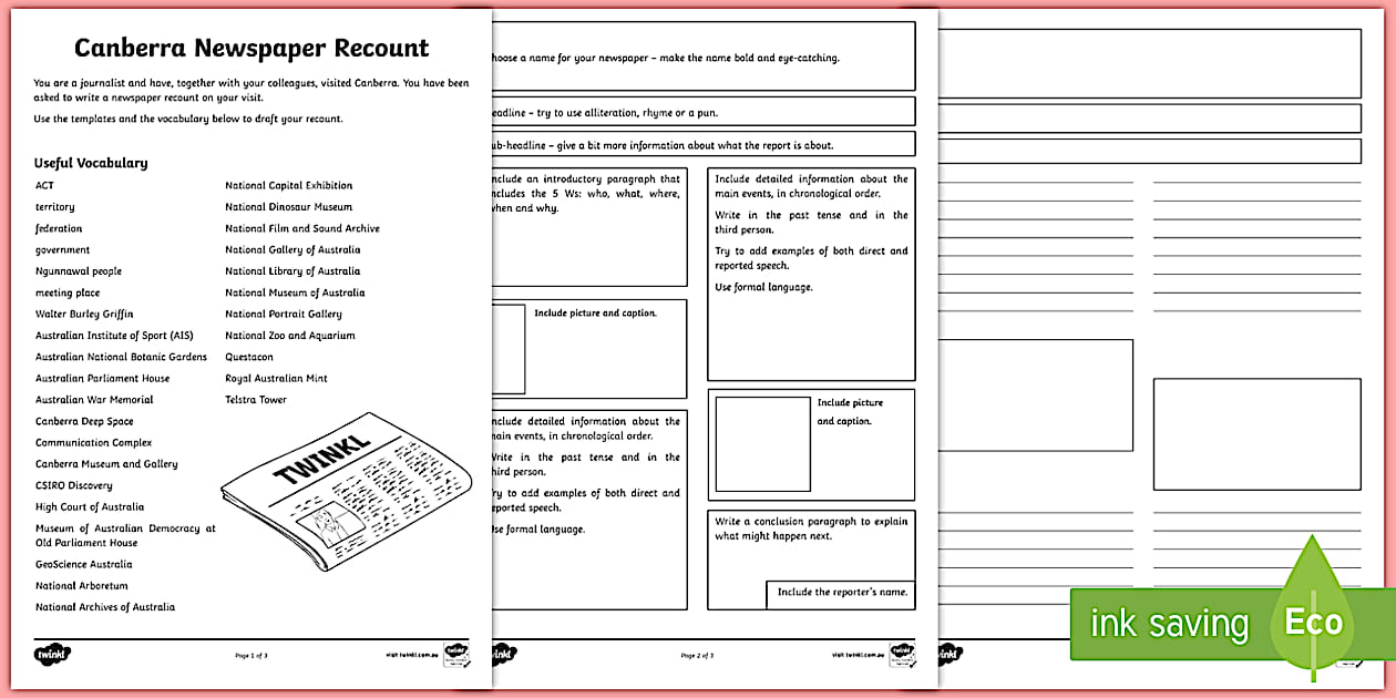 Canberra Newspaper Recount Writing Template - Twinkl