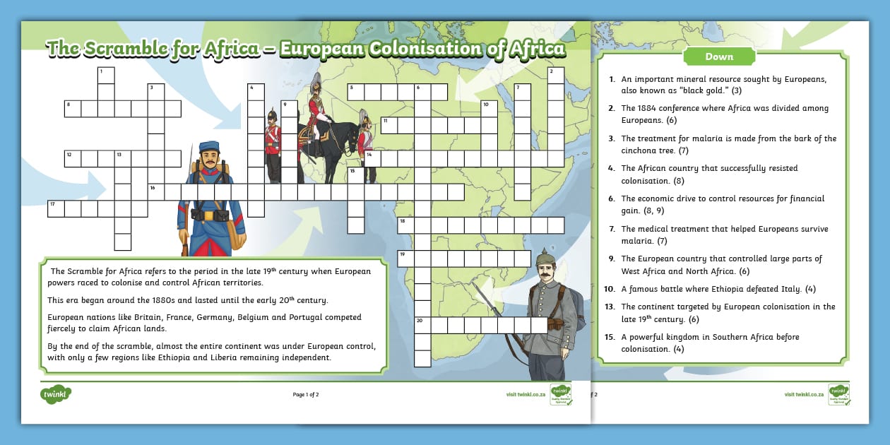 Grade 8 History: The Scramble for Africa Crossword Puzzle