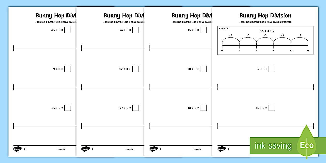 Middle Ability Bunny Hop Division by 3 Differentiated Worksheets