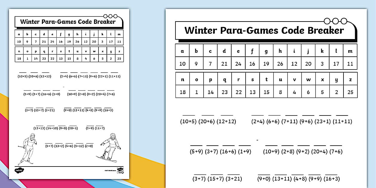 KS1 Winter Para-Games Code Breaker Worksheet - Addition