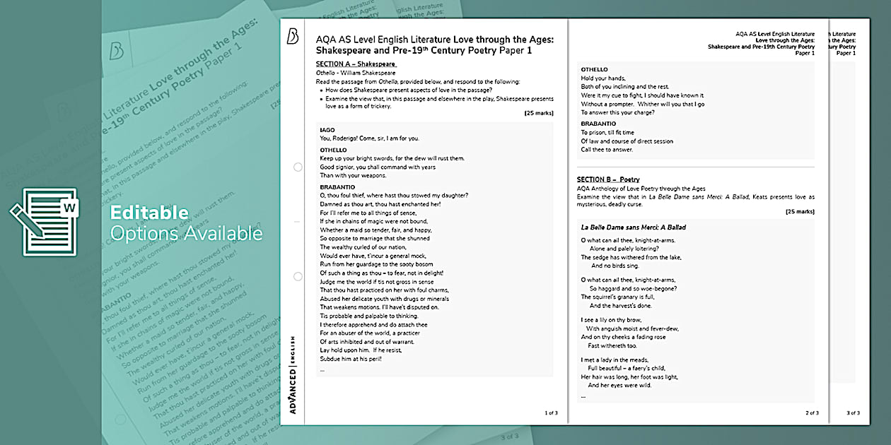 AQA AS Literature Micropaper: Paper 1 Othello and La Belle Dame sans Merci