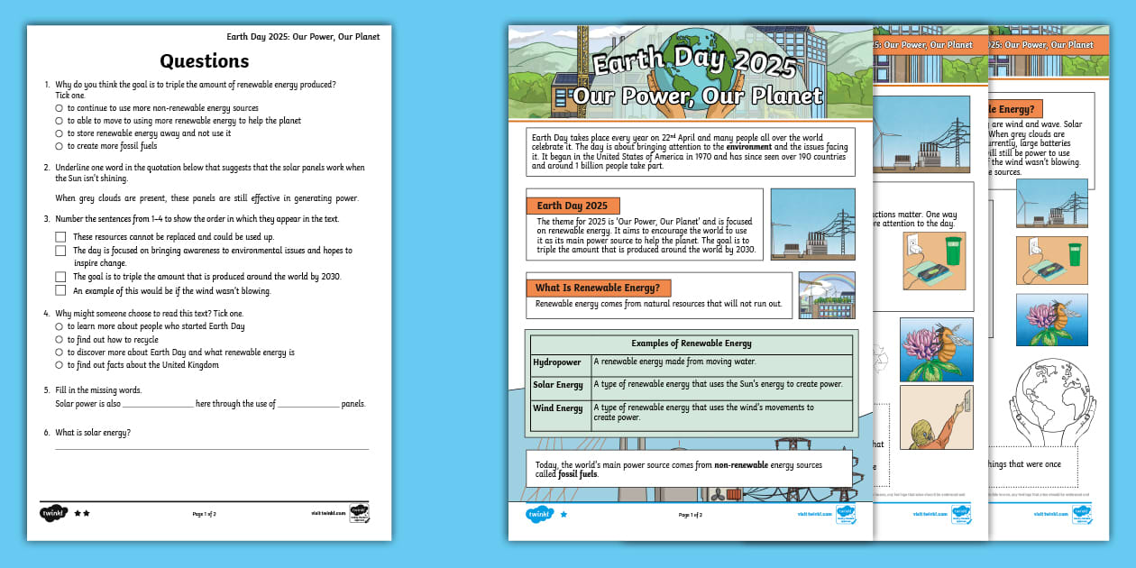 LKS2 Earth Day 2025: Our Power, Our Planet Reading Activity