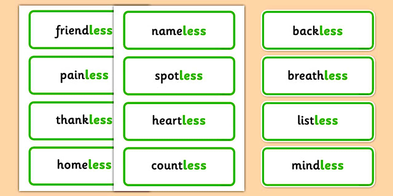 Editable Suffix -less Word Cards (teacher made) - Twinkl