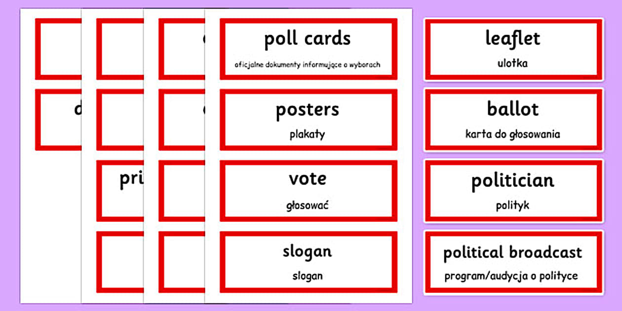 Election Vocabulary Cards Polish Translation (teacher made)