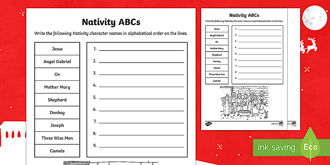Editable Nativity Alphabetical Order Worksheet - Twinkl