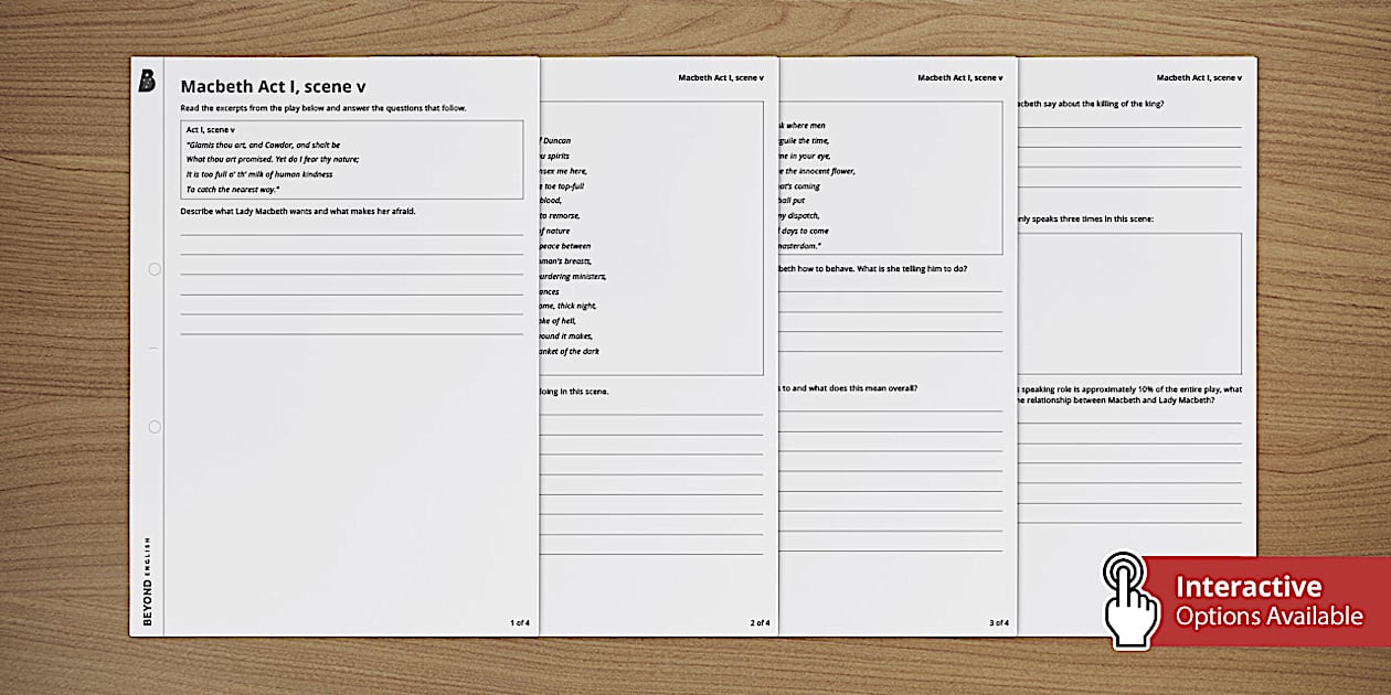 Macbeth (Act I, scene v) Lady Macbeth Character Worksheet