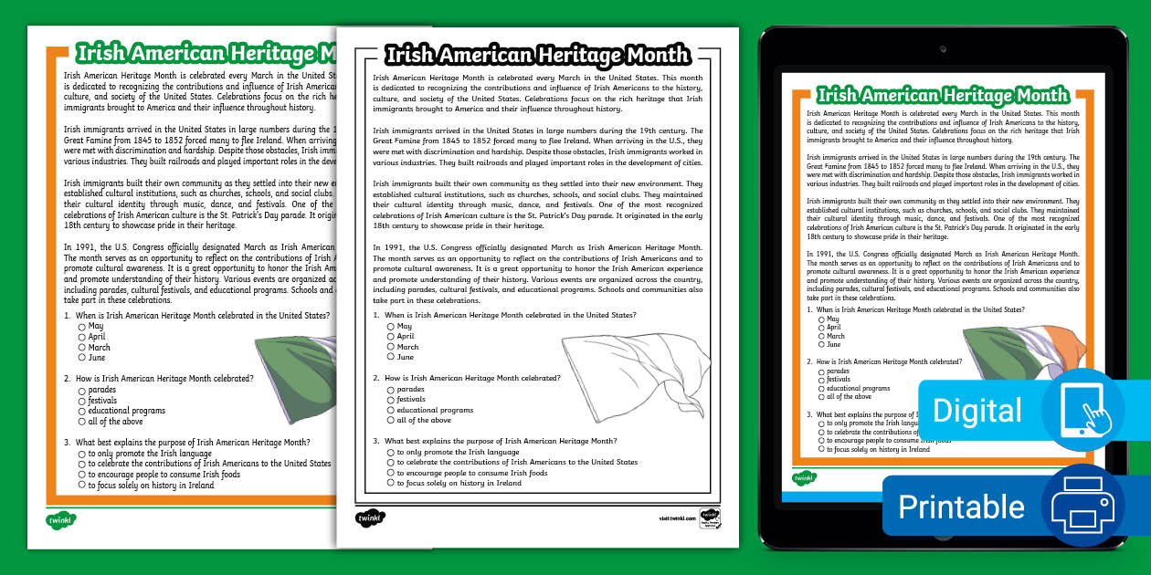 Sixth Gr Irish American Heritage Month Reading Passage Comp