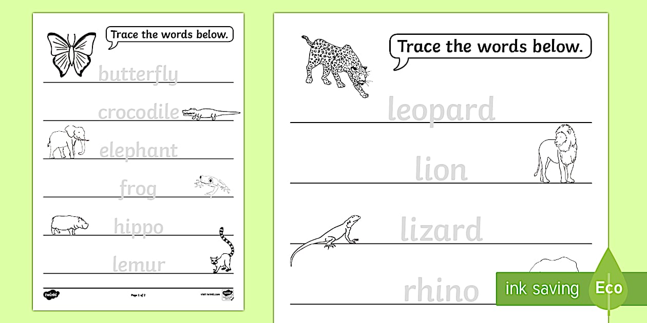 Jungle Animals Trace the Words Worksheet / Worksheet - ESL Tracing Animal