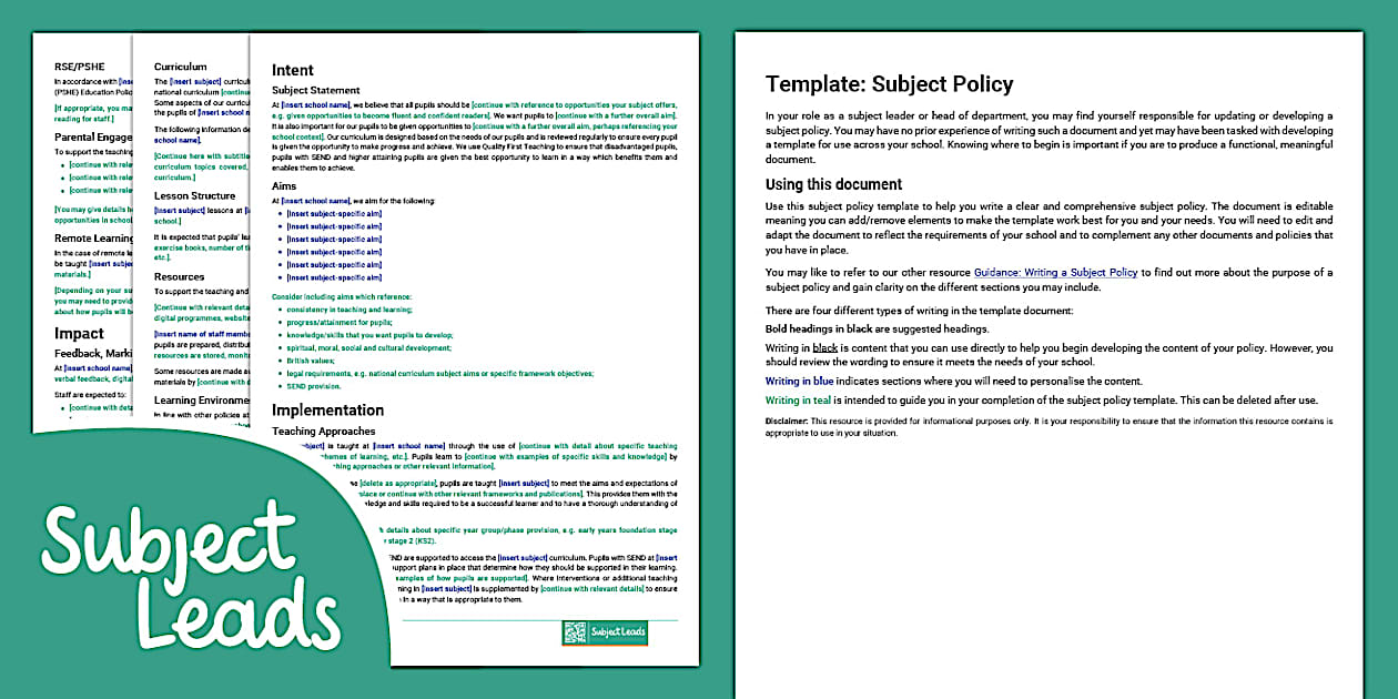 Template: Subject Policy (teacher made) - Twinkl