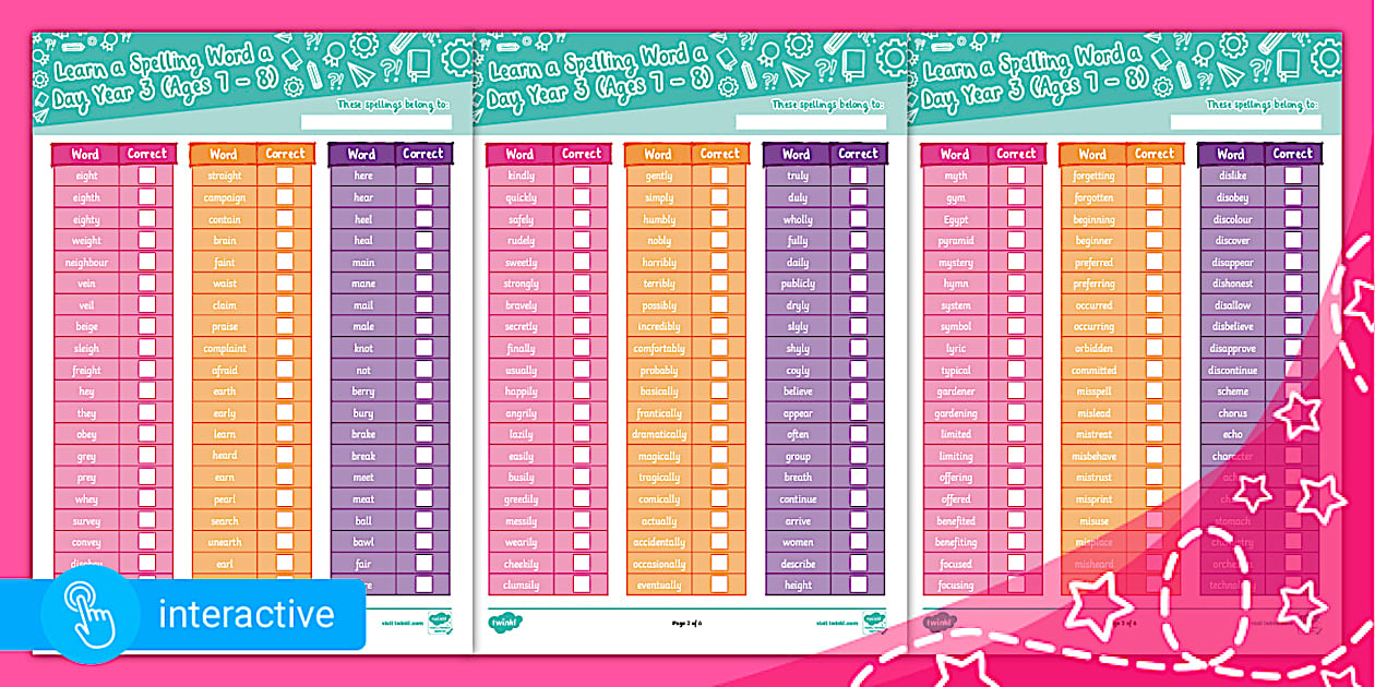 Learn a Spelling Word a Day Year 3 (Ages 7 - 8) - Twinkl