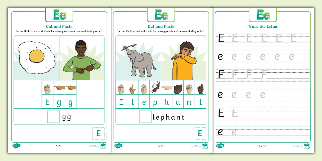 Letter E Handwriting Worksheet with SASL (teacher made)