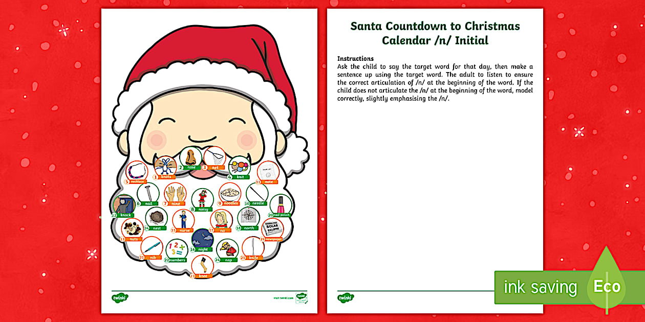 Santa Countdown to Christmas Calendar /n/ Initial Worksheet