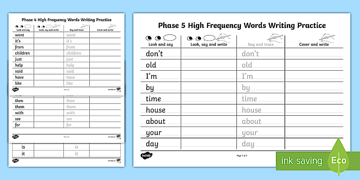 Phase 2 to 5 High Frequency Words Writing Practice Worksheet Pack