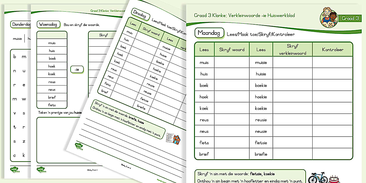 Graad 3 Klanke Huiswerkblad Verkleinwoorde -ie - Twinkl