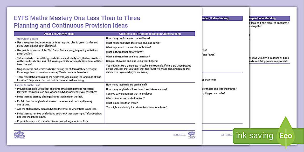 👉 EYFS Maths Mastery One Less Than to Three Planning Ideas