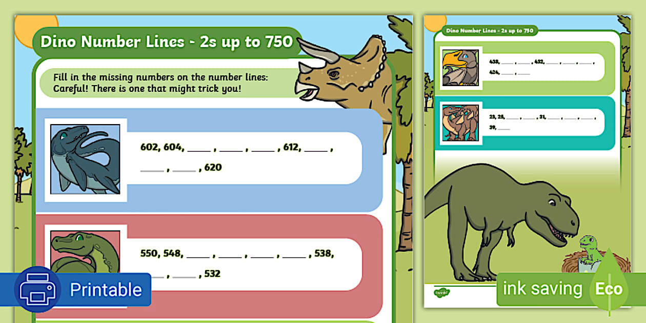 Grade 3 Mathematics: Dino Number Lines - 2s up to 750