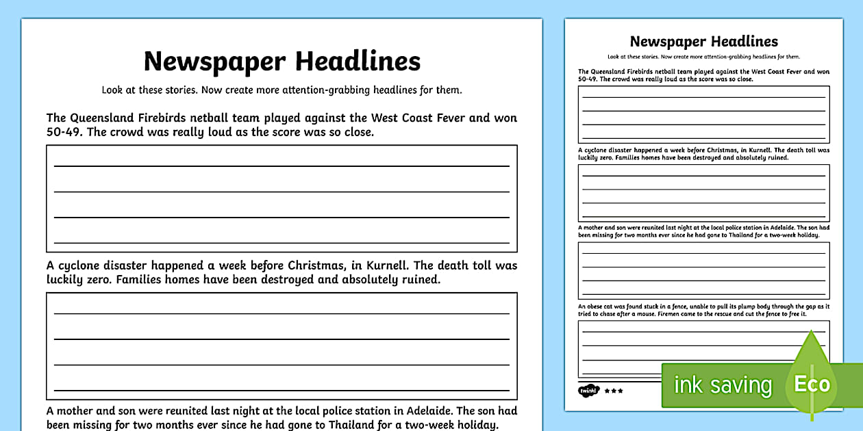 Newspaper Headlines Higher Ability Writing Worksheet / Worksheet-Australia