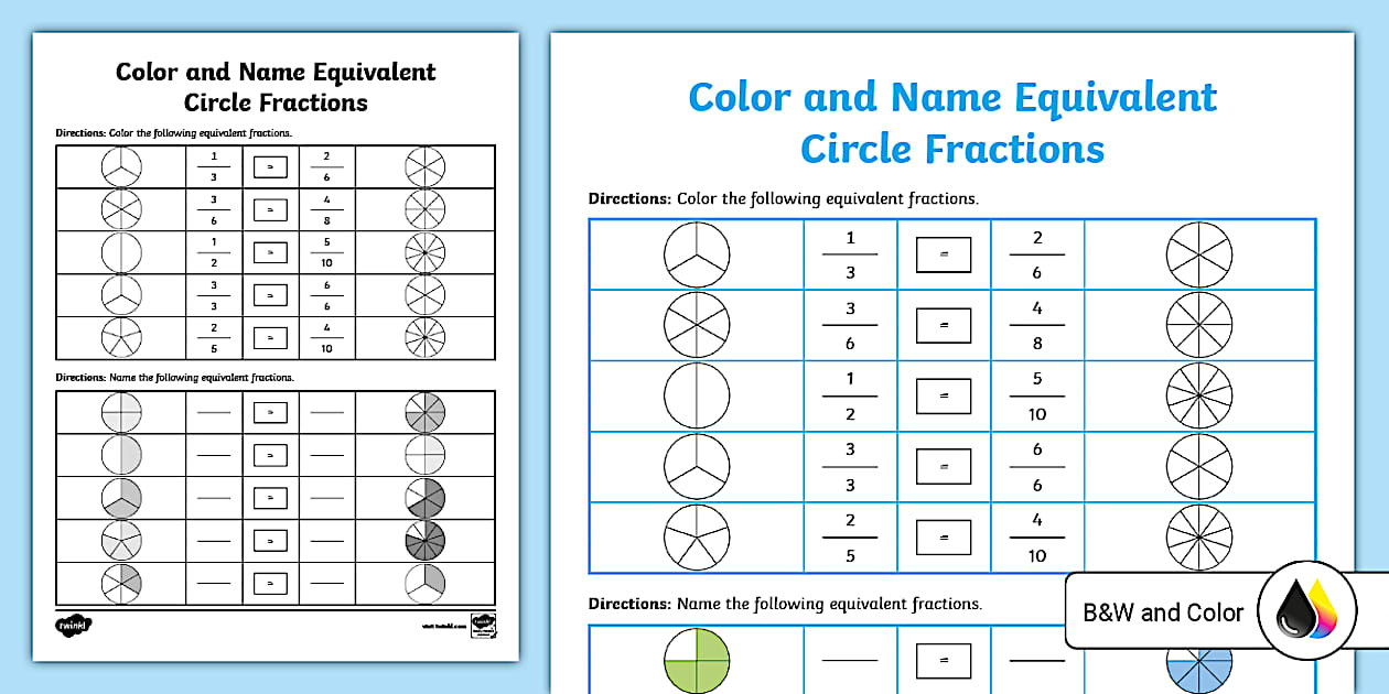 Color and Name Equivalent Circle Fractions Activity Sheet
