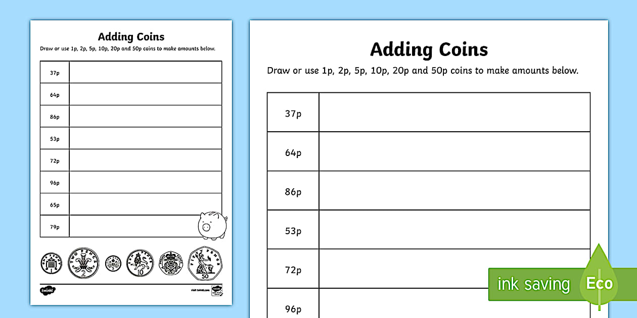 Adding Coins: 1p, 2p, 5p, 10p, 20p, 50p Worksheet / Worksheet