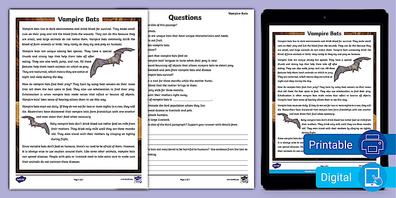Vampire Bats Halloween Reading Comprehension Activity