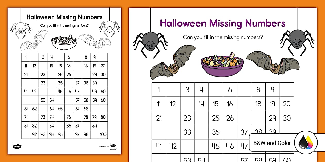 100 Square Missing Numbers Halloween Worksheet | Twinkl