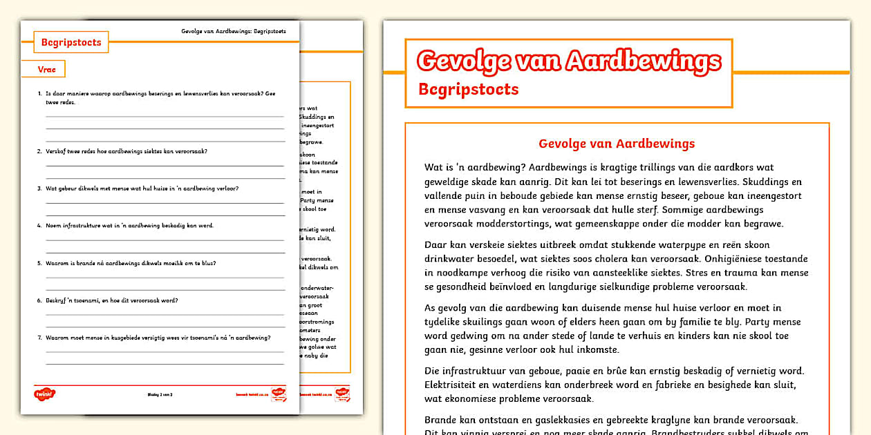 Gevolge Van Aardbewings Begripstoets (teacher made) - Twinkl