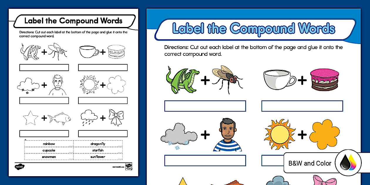 Label the Compound Words Cut and Paste Worksheet for K-2nd Grade