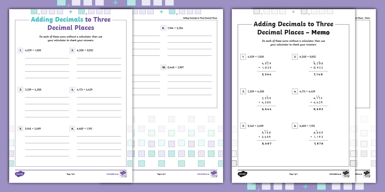 Adding Decimals to Three Decimal Places Activity Sheet