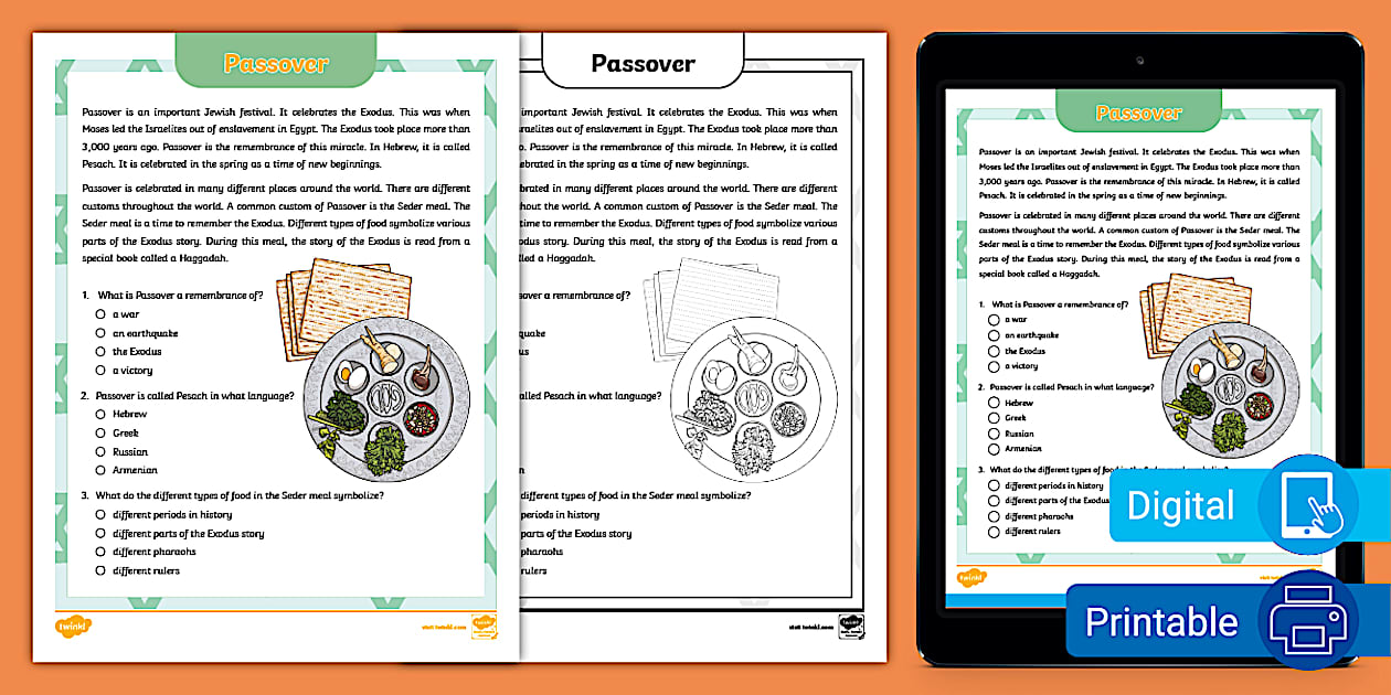 Third Grade Passover Reading Passage Comprehension Worksheet