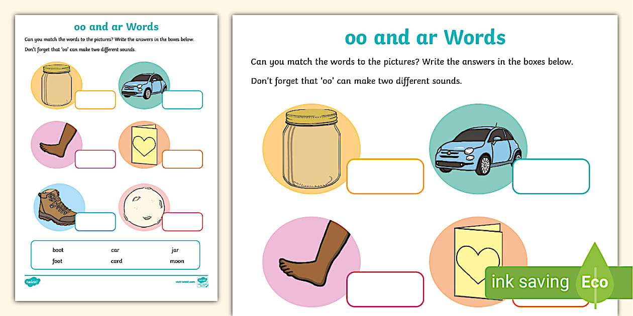 Precursive 'oo' and 'ar' Sounds Matching Activity Worksheet
