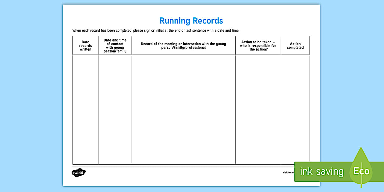 Running Records Young People & Families Case File Recording Template