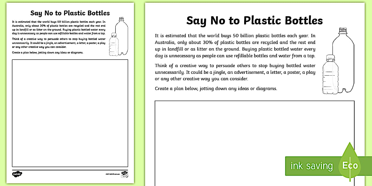 Editable 3-6 Say No To Plastic Bottles Worksheet - Twinkl