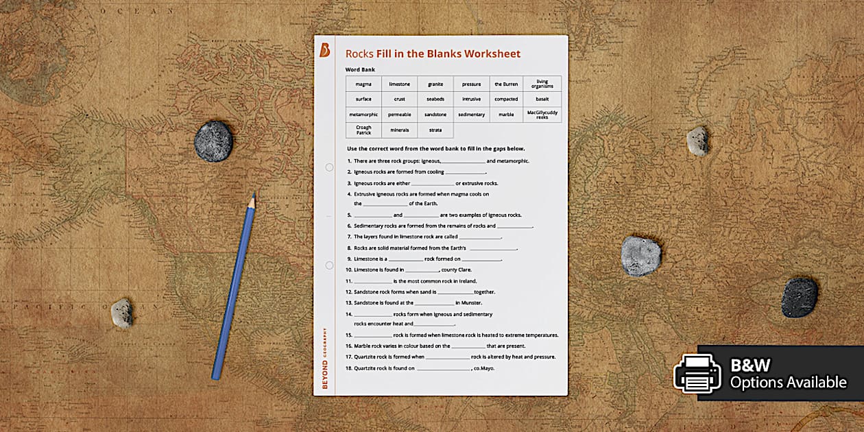 Rocks Fill in the Blanks Worksheet |Geography | Junior Cycle