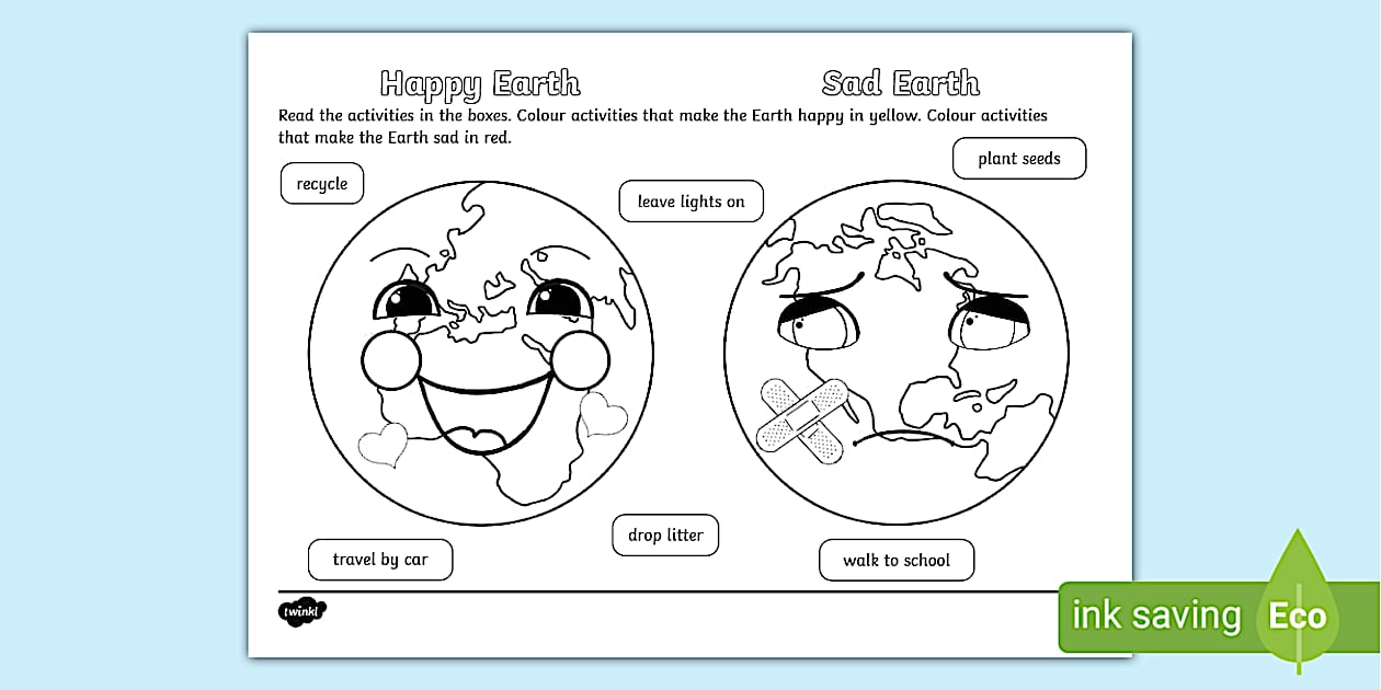 Earth Cartoon Sad and Happy Colouring Poster | Twinkl | KS1
