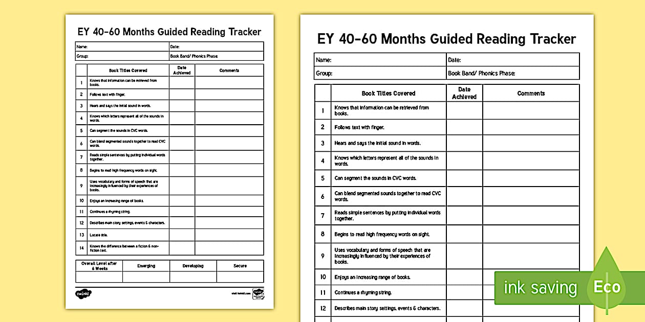 Editable EY 40-60 Months Guided Reading Tracker - Twinkl