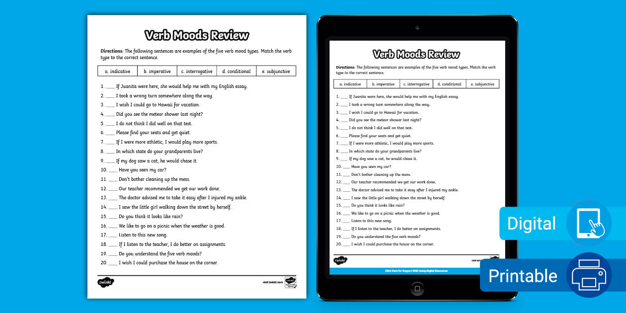 Verb Mood Review Worksheet for 6th-8th Grade (teacher made)