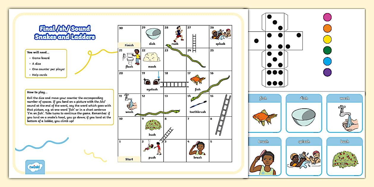 Final /sh/ Sound Snakes and Ladders (teacher made) - Twinkl