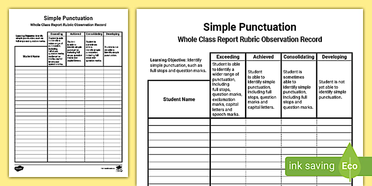 Editable Simple Punctuation Assessment Rubric/Guide to Making Judgement