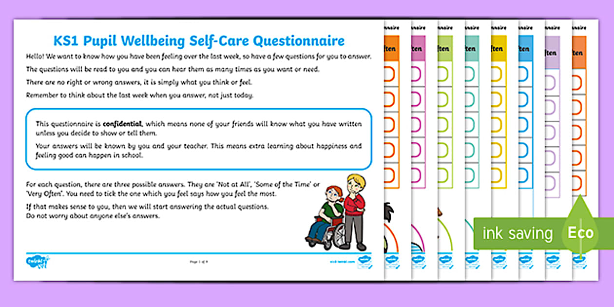 Self-Care Questionnaire - Student Wellbeing Survey - Twinkl