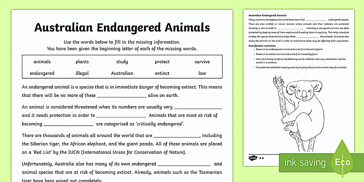 Editable Endangered Australian Animals Worksheet - Twinkl
