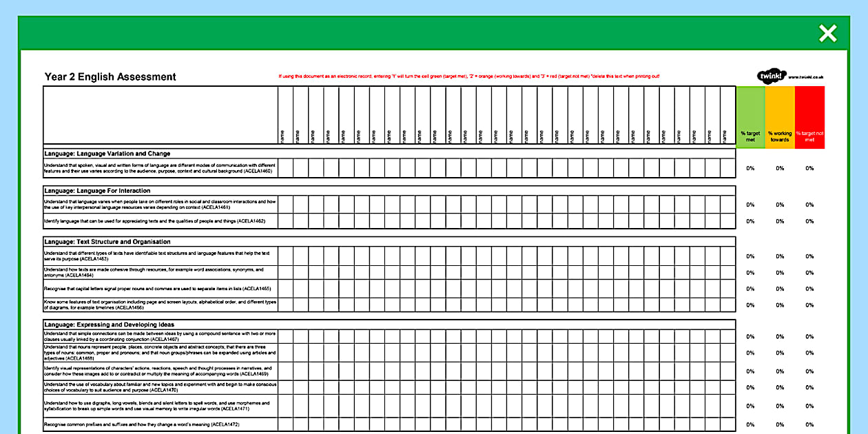 Australian Curriculum Year 2 English Assessment Spreadsheet