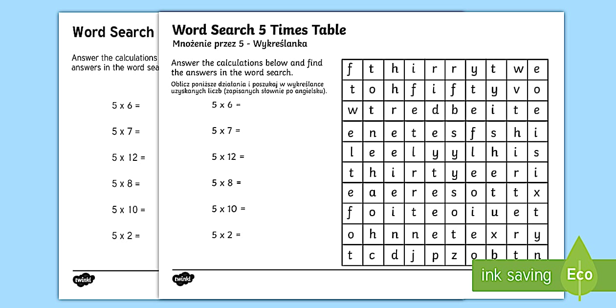Multiplication 5 Times Tables Word Search Worksheet / Worksheet English ...
