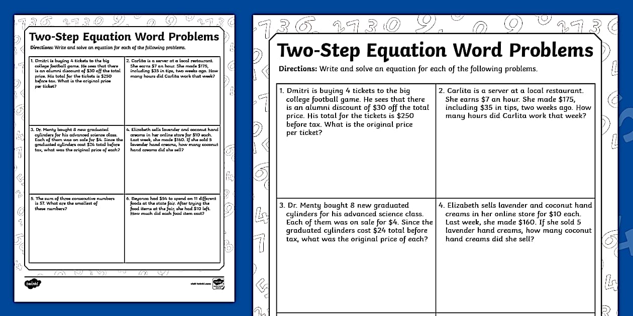 Seventh Grade Two-Step Equation Word Problems (Teacher-Made)