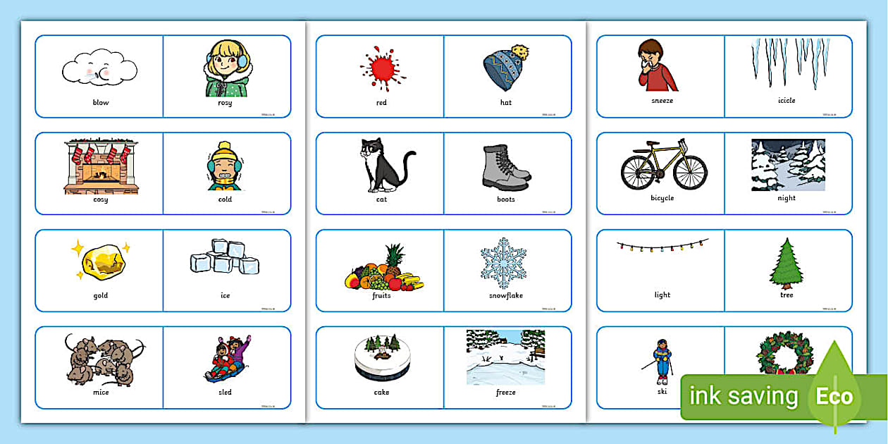 T-L-527864 Winter-Themed Rhyming Word Dominoes Word Cards