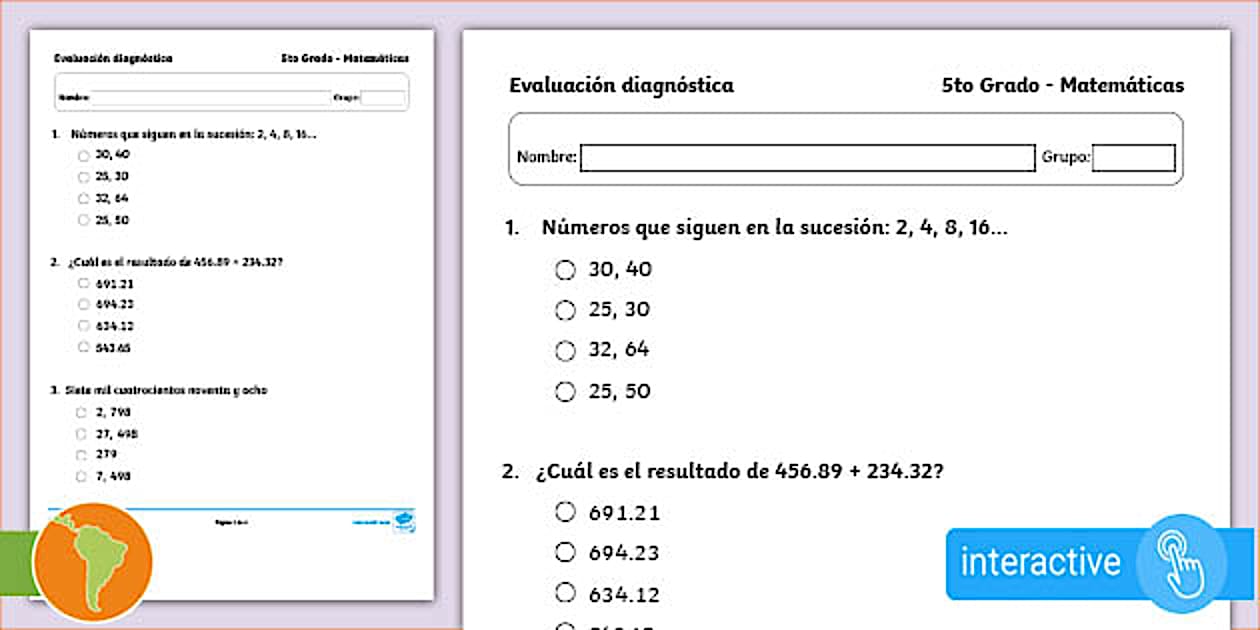 Examen diagnóstico 5to grado Matemáticas en PDF - Twinkl